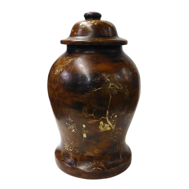 Chinese Distressed Brown Lacquer Jar | Chairish