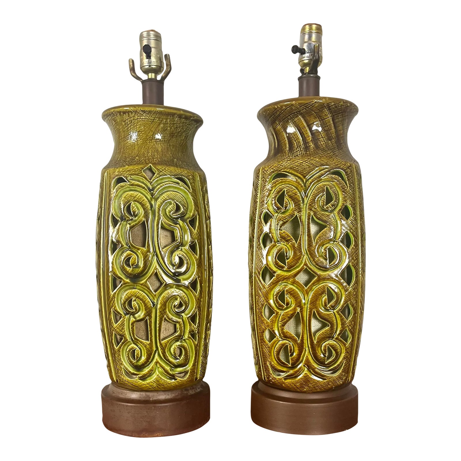 Pair of Mid-Century Modern Double-Lit Green Ceramic Table Lamps With ...