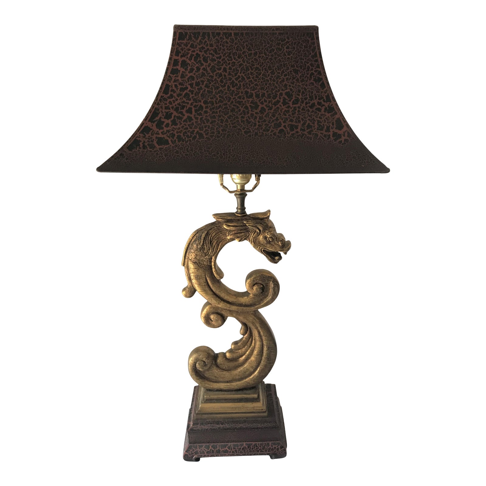 Dragon Lamp With Red Animal Print Shade | Chairish