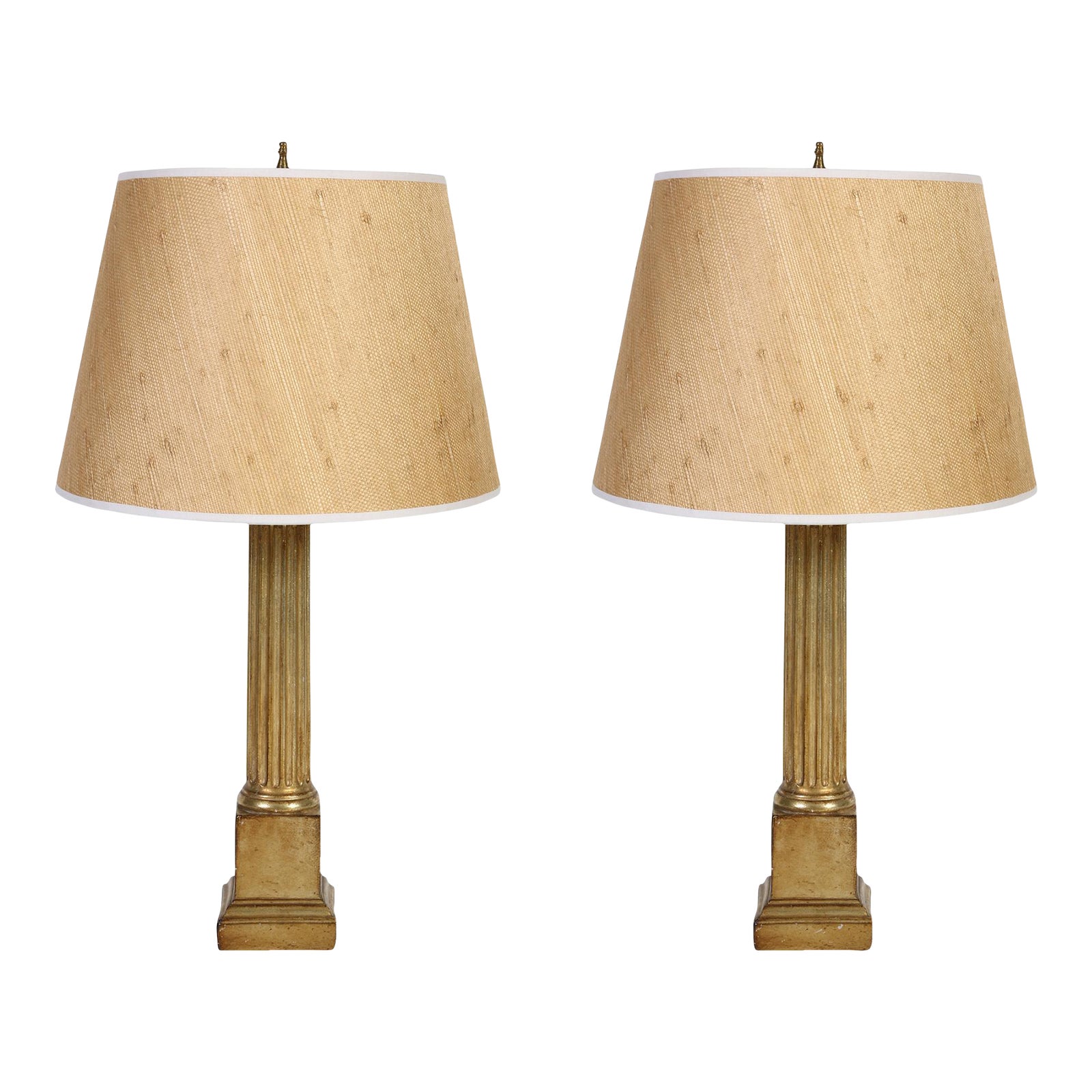 Pair of Neoclassic Reeded Gilt Column Lamps | Chairish