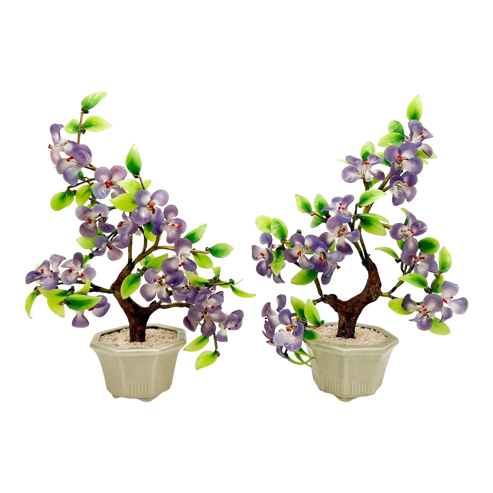 Pair of Vintage Amethyst Glass Jade Trees in Ceramic Pots – Mid to Late ...