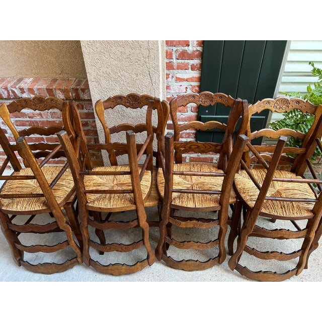 Set 8 Antique French Country Dining Chairs Carved Oak Rush Seat Ladder ...