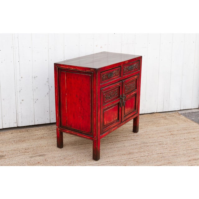 Finely Carved Red Chinese Cabinet | Chairish