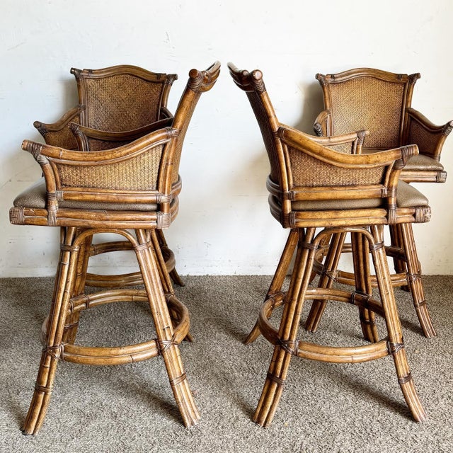 Boho Chic Bamboo Rattan and Wicker Swivel Stools - Set of 4 | Chairish