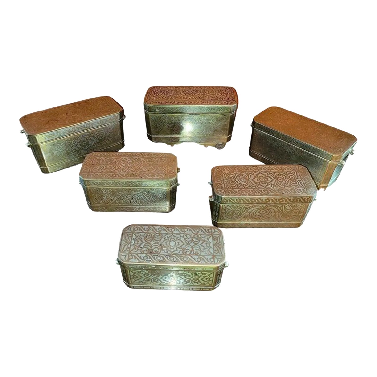Set of 6 Mindanao Brass Silver Betel Boxes, Philippines | Chairish