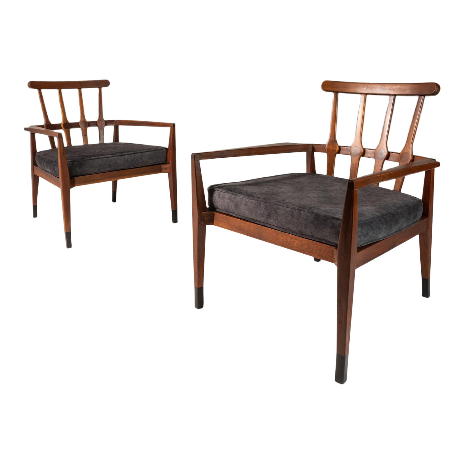 Set of 2 Mid-Century Modern Angular Arm Chairs in Walnut & Velour by ...