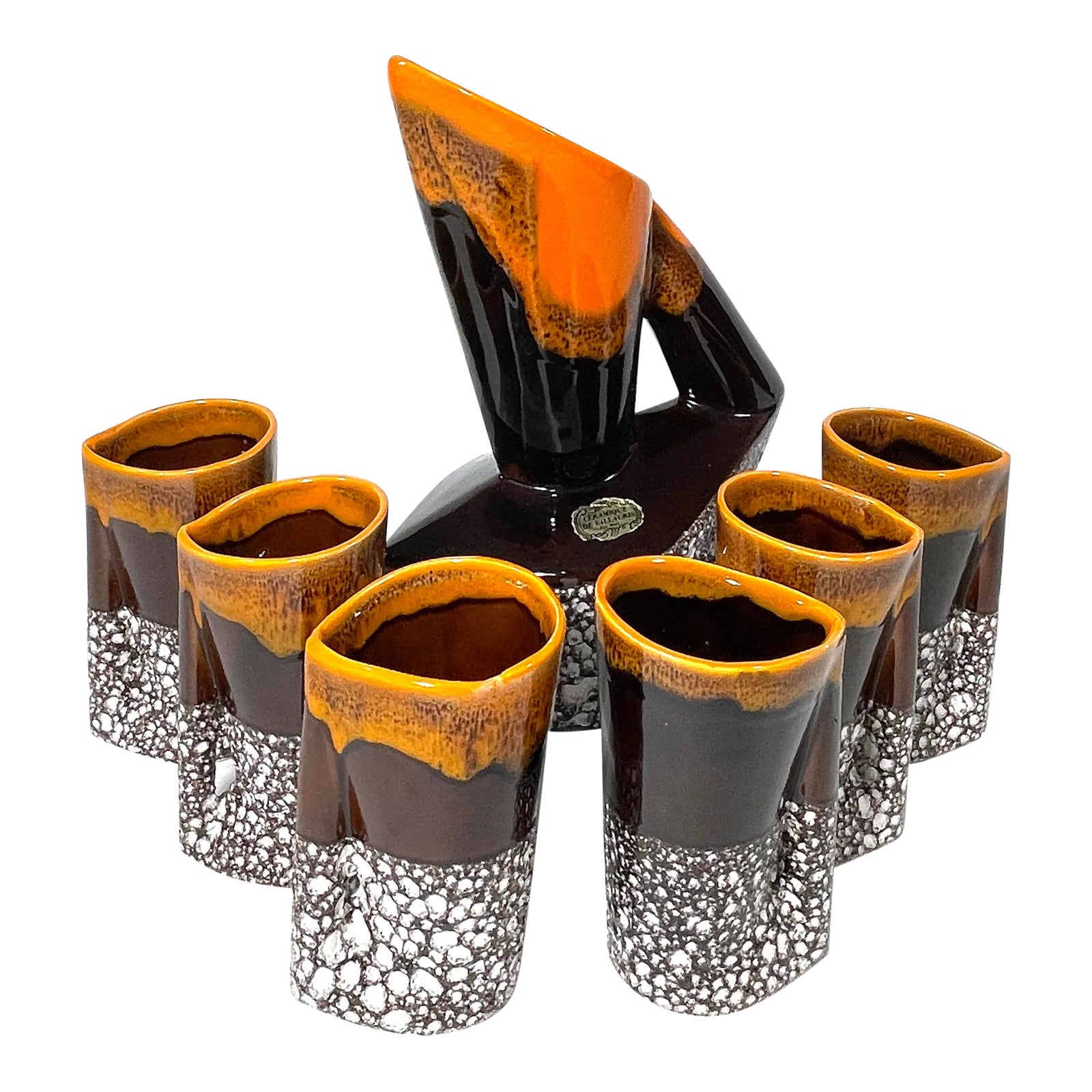 French Mid-Century Modern Vallauris Pitcher and Six Cups Set | Chairish