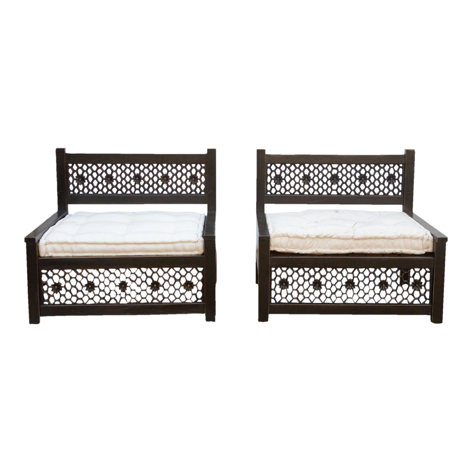 Set of 2 Carved Midnight Black Jali Club Chairs | Chairish