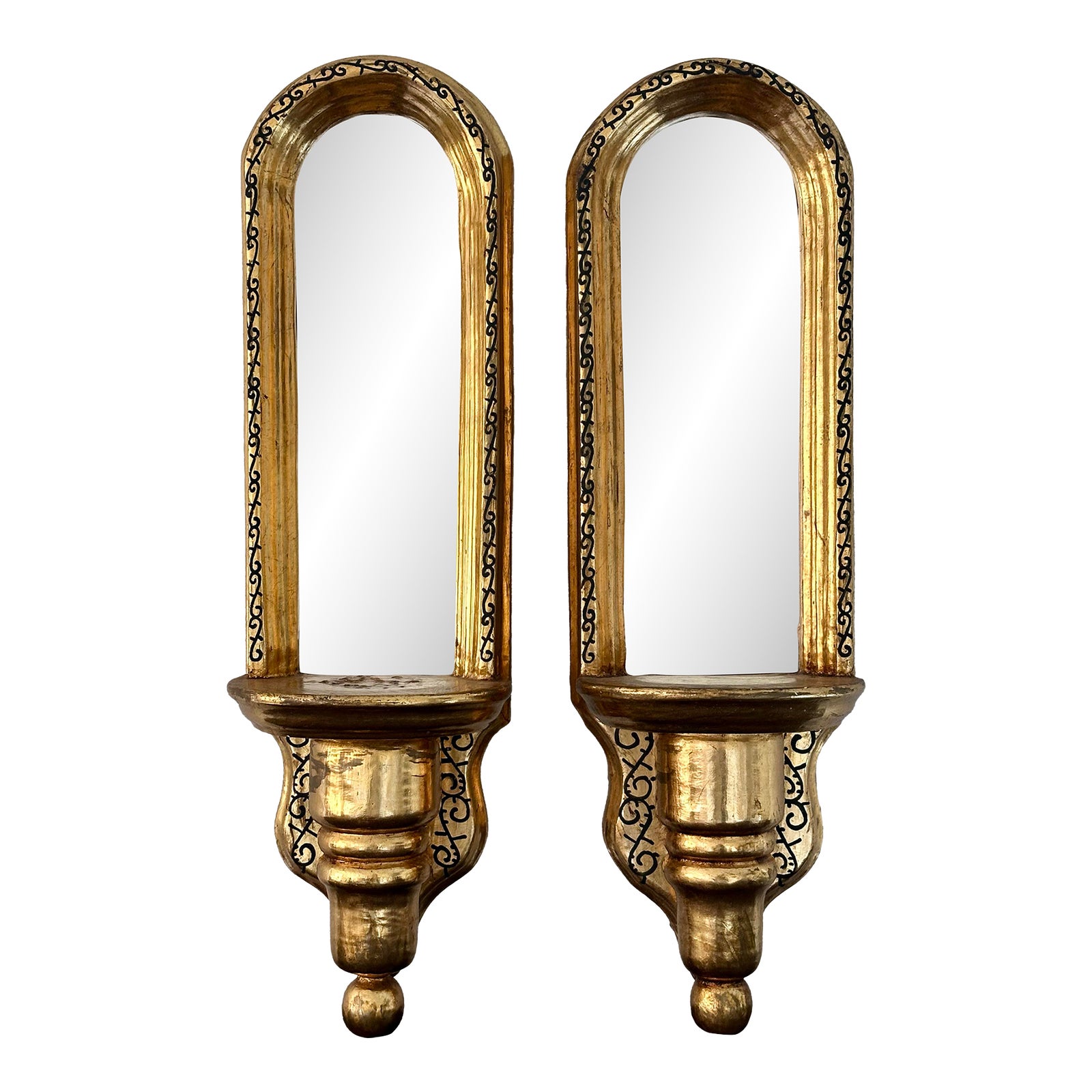 Vintage Italian Giltwood Mirrored Sconces Hand Carved Pair | Chairish
