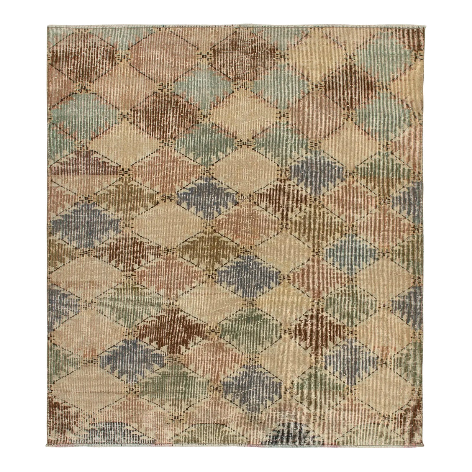 1960s Distressed Vintage Rug in Beige-Brown, Blue, Green Diamond ...