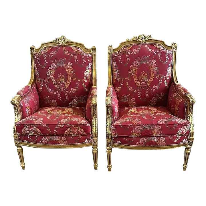 French Baroque Style Red Wingback Chair - Set of 2 | Chairish