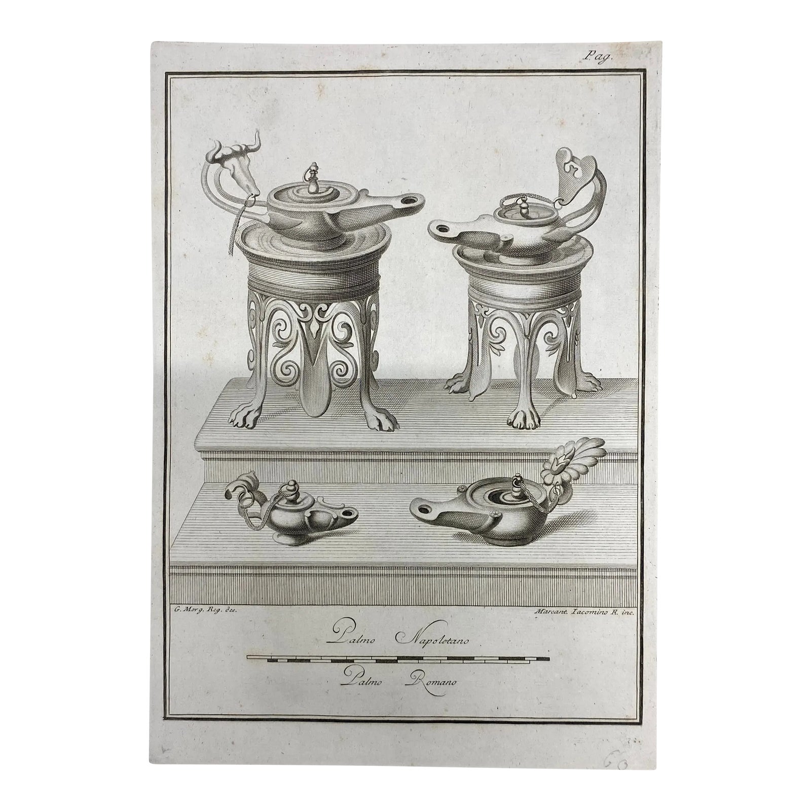1762 Italian Engraving of Roman Lamps | Chairish