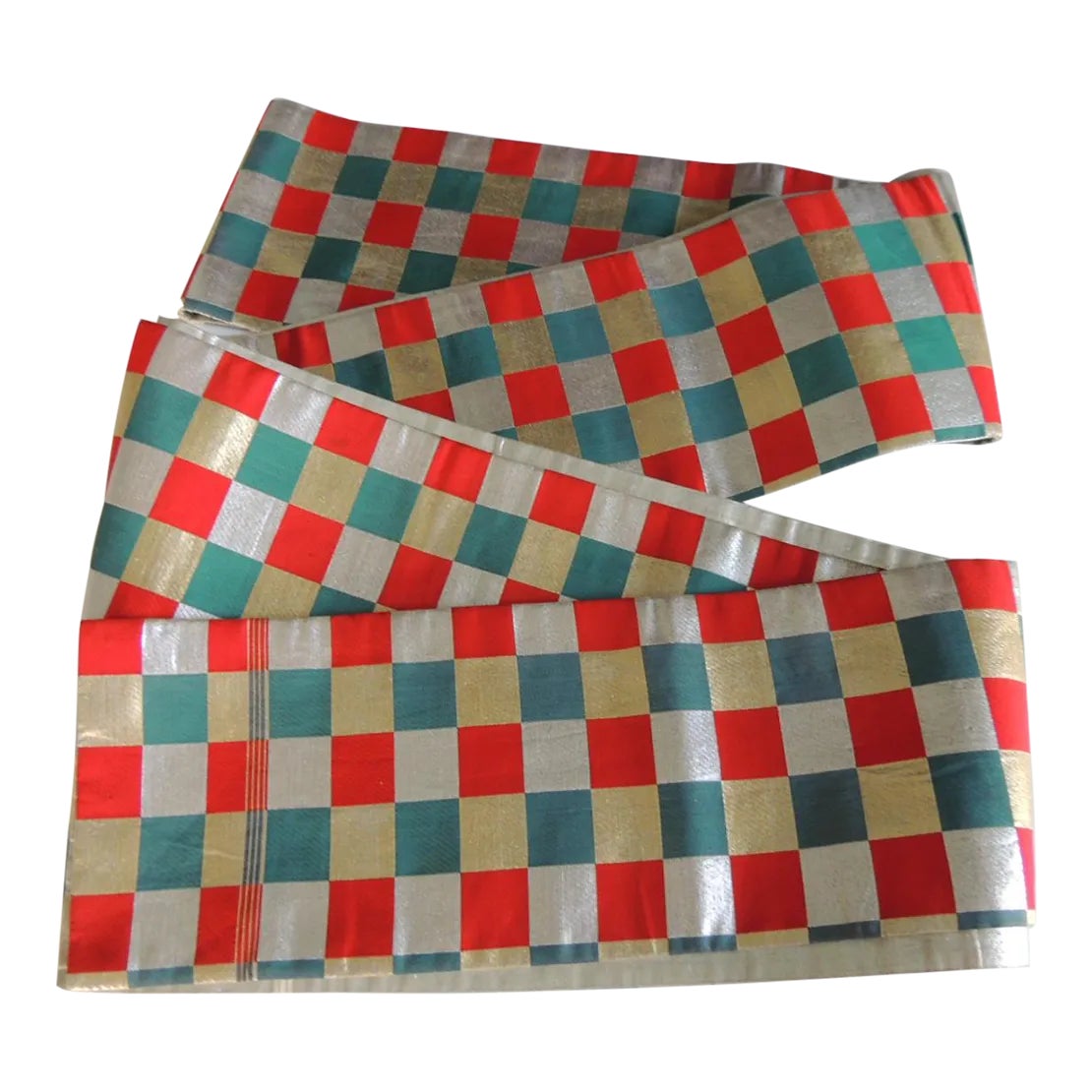 Long Asian Obi Sash in Red, Gold and Emerald Green Textile | Chairish