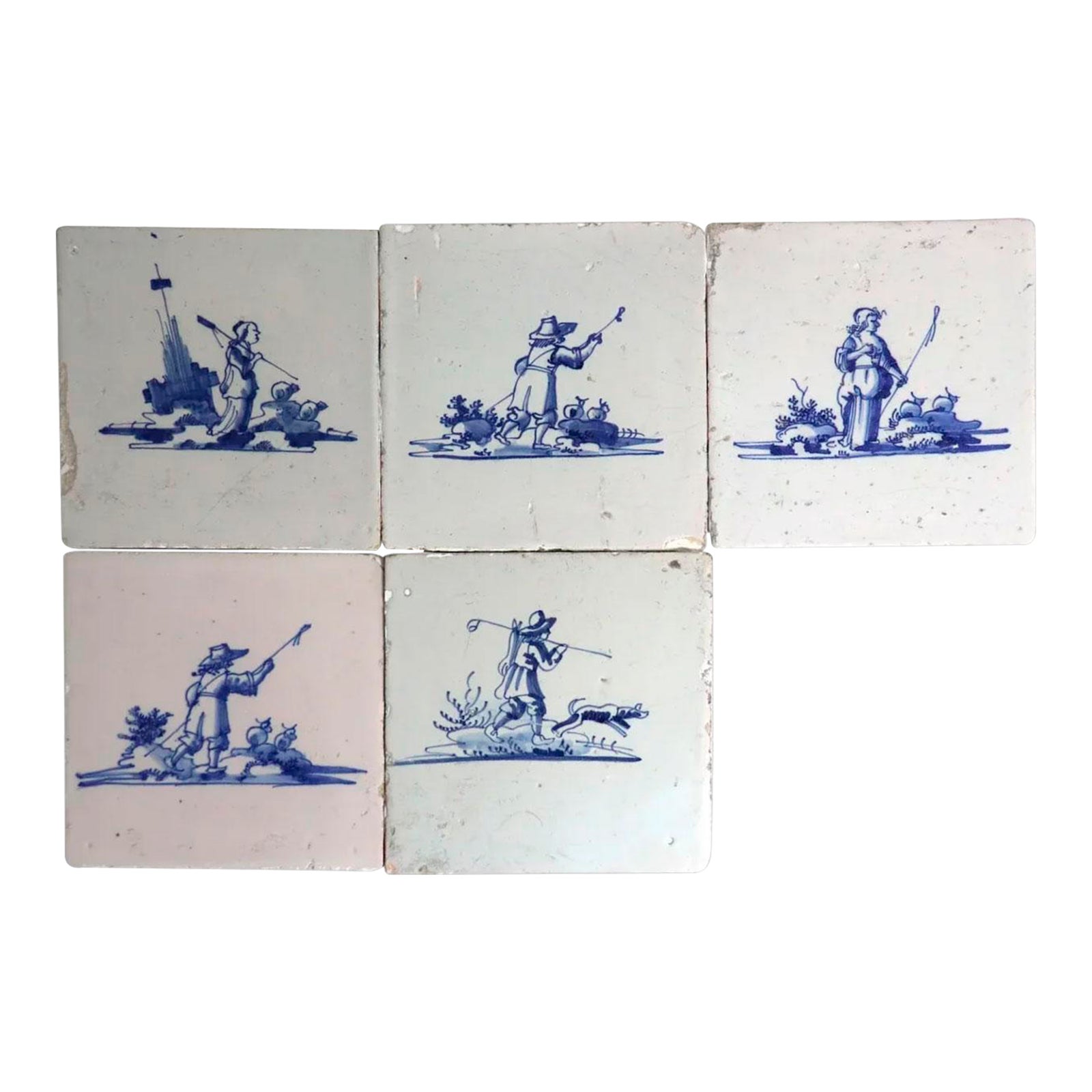 Set of Five 19th Century Dutch Delft Blue and White Pottery Square ...