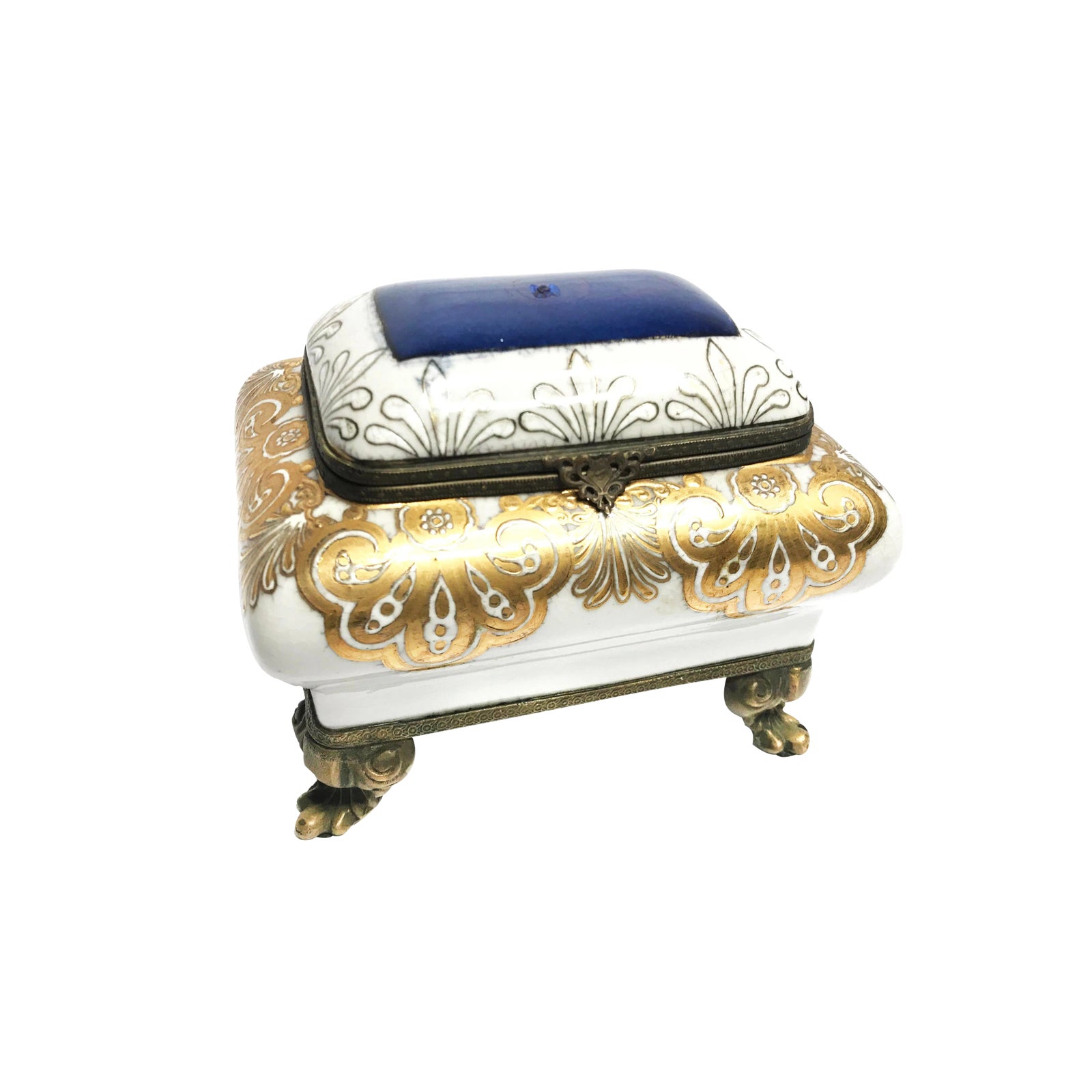 Vintage Mid Century Brass Footed Porcelain Hand Painted Jewelry Box ...