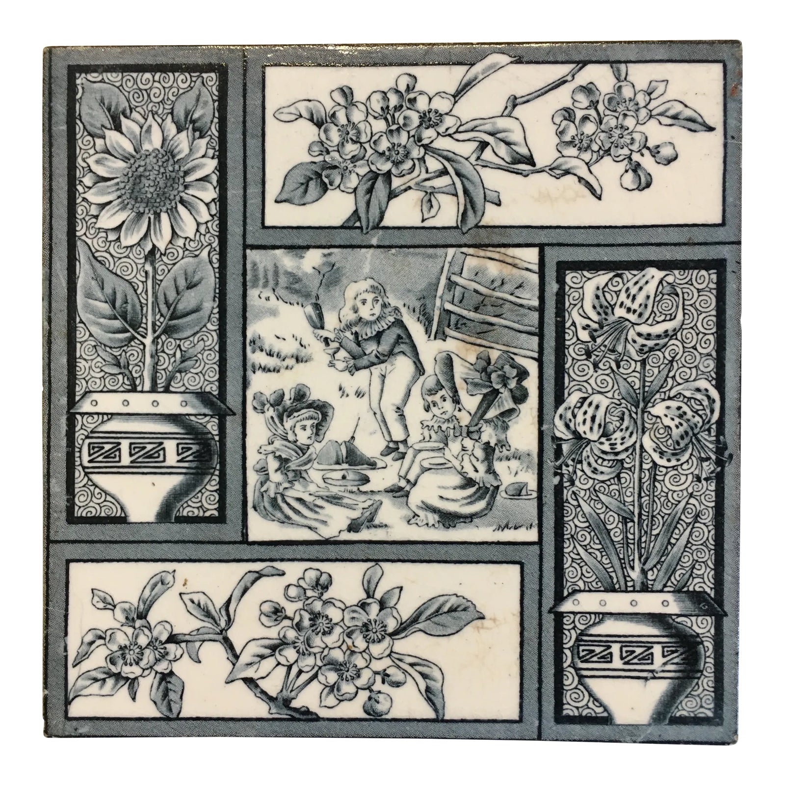 1881 Teal Aesthetic Movement Tile Picnic & Flowers by Kate Greenaway ...