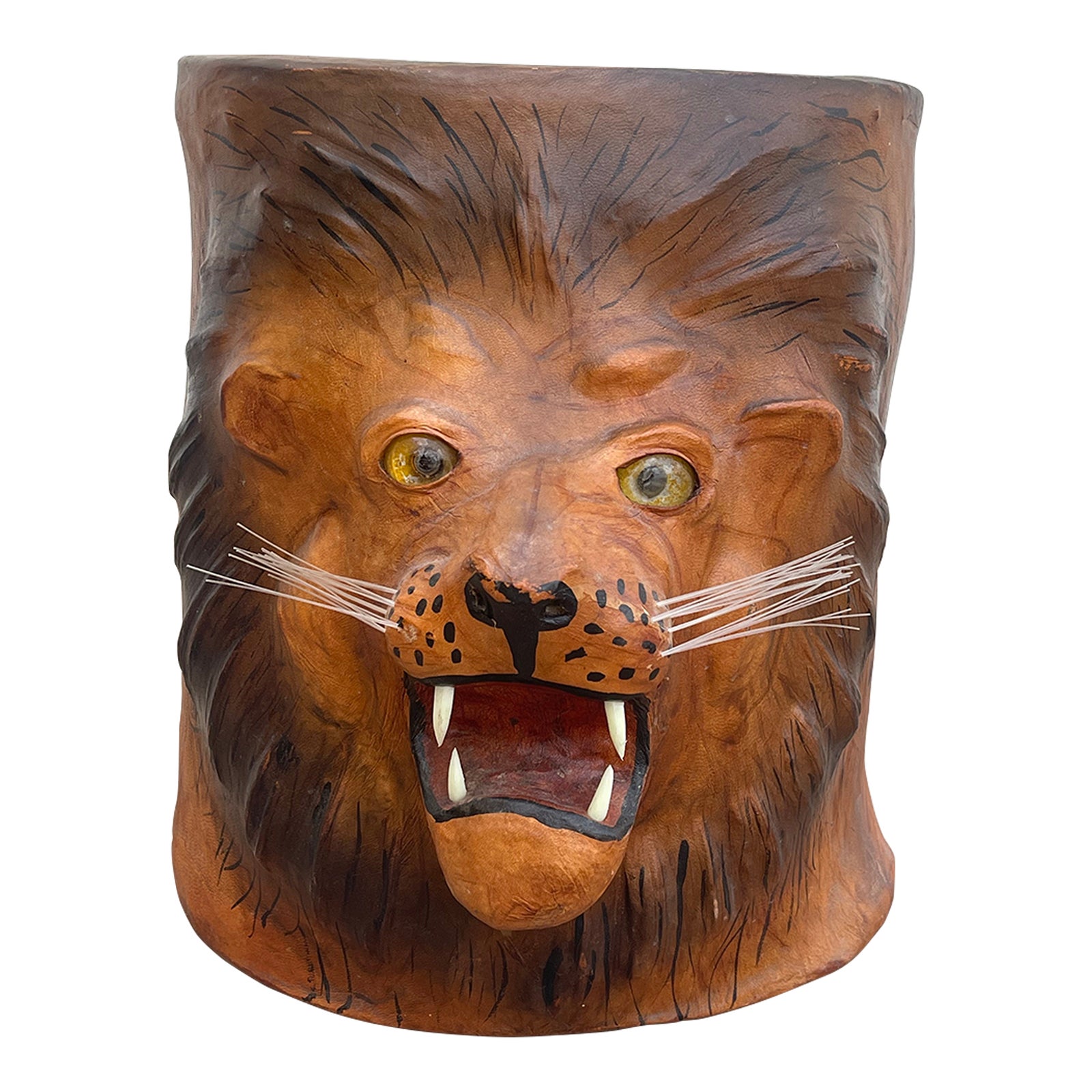 Mid 20th Century Lion Face Leather Wrapped Footstool | Chairish