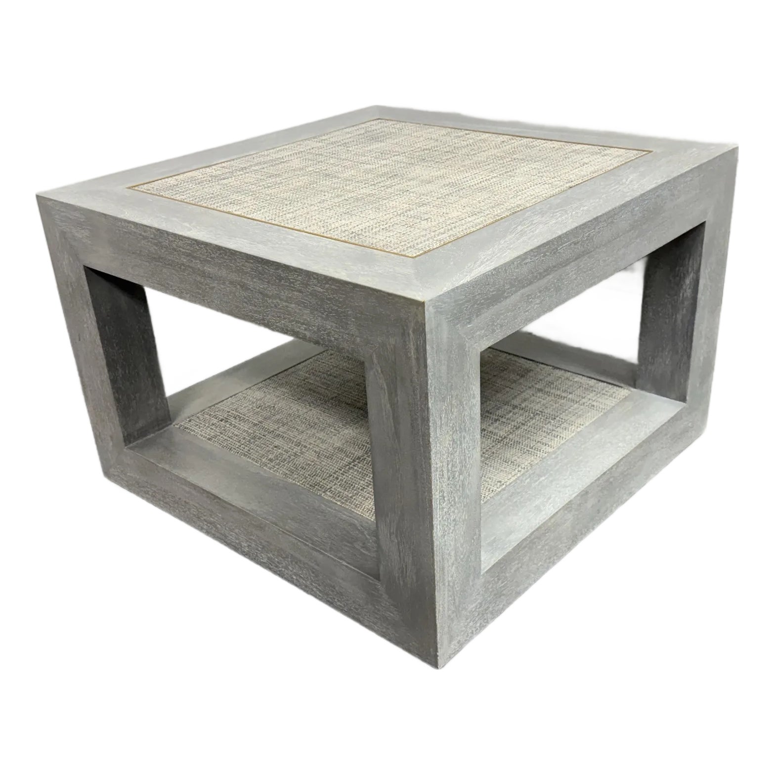 Serena & Lily Mercer Square Gray Wood Raffia Table | Chairish
