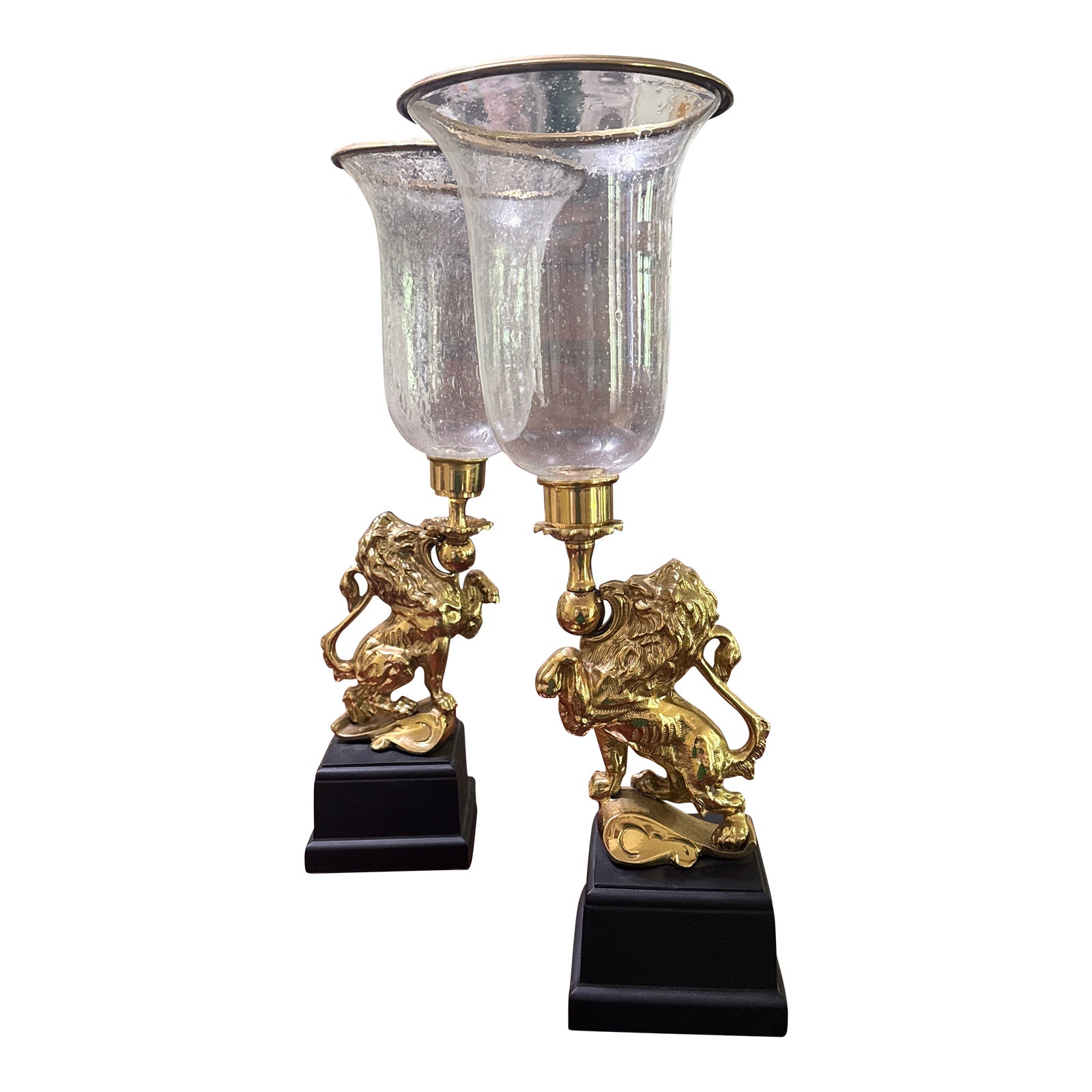 Late 20th Century Lacquered Brass Prancing Lion Hurricane Candlestick ...