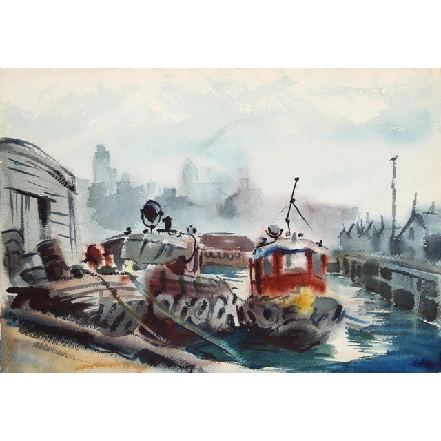 Eve Nethercott Tugboat and City Street, Double-sided Watercolor by Eve ...