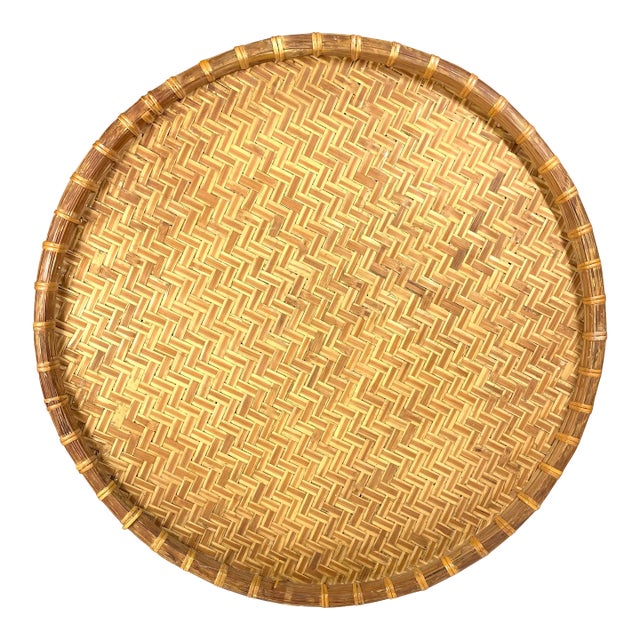 Mid Century Organic Modern Flat Rattan Bamboo Gathering Winnowing ...