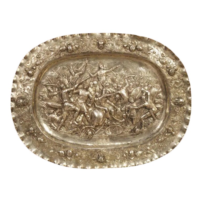 Antique German Silver Repoussé Battle Scene Tray, Circa 1850 | Chairish