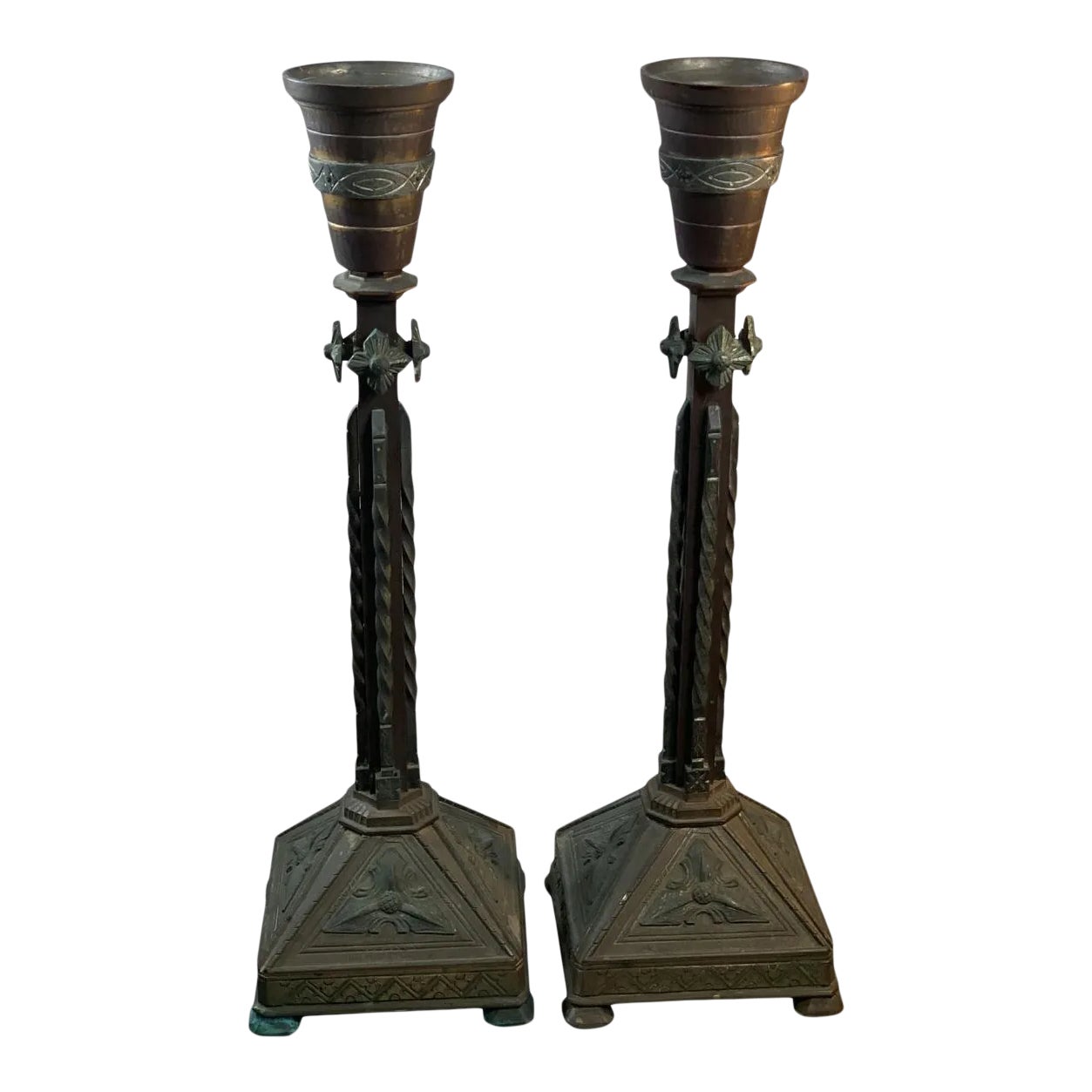 Early 20th Century Bronze Gothic Candlesticks - a Pair | Chairish