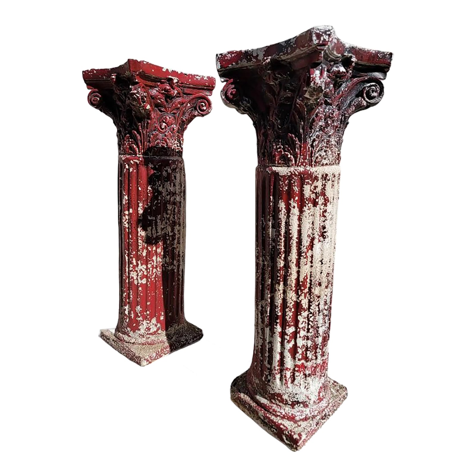 Vintage Patinated Cast Stone Resin Red Corinthian Column Plant-Stand ...