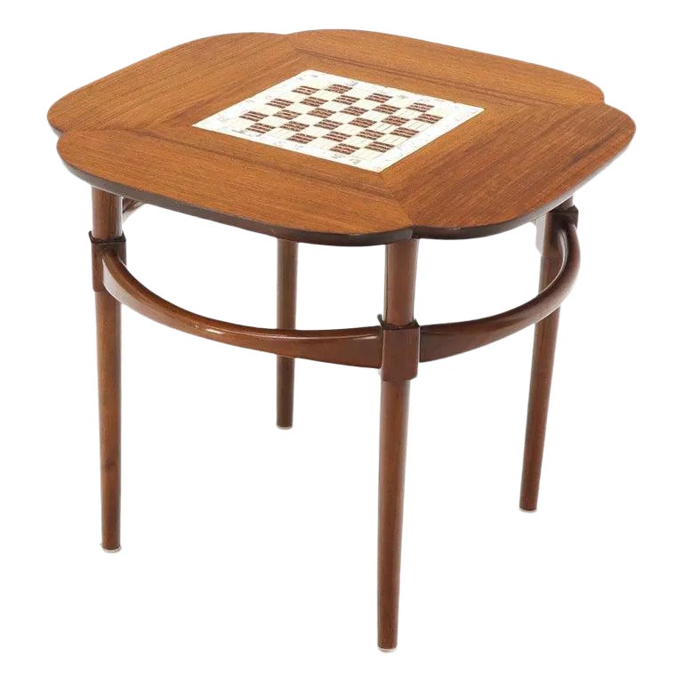 Clover Shape Checker Tile Top Walnut Side Table | Chairish