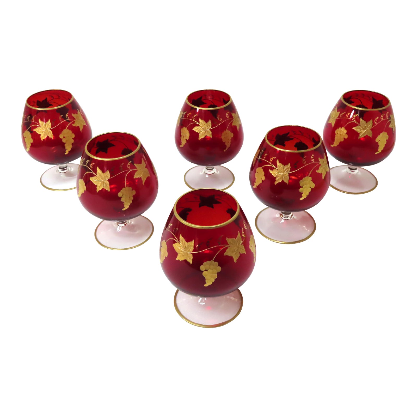 Vintage 22k Gold Decorated Hand Cut Intaglio Ruby Glass Brandy Snifters ...
