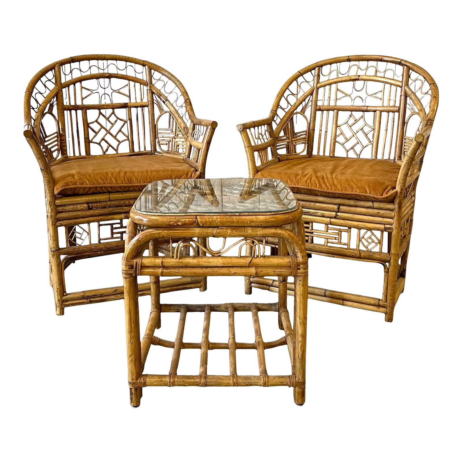 Vintage Brighton Pavilion Rattan Chairs W" Side Table -Suite | Chairish