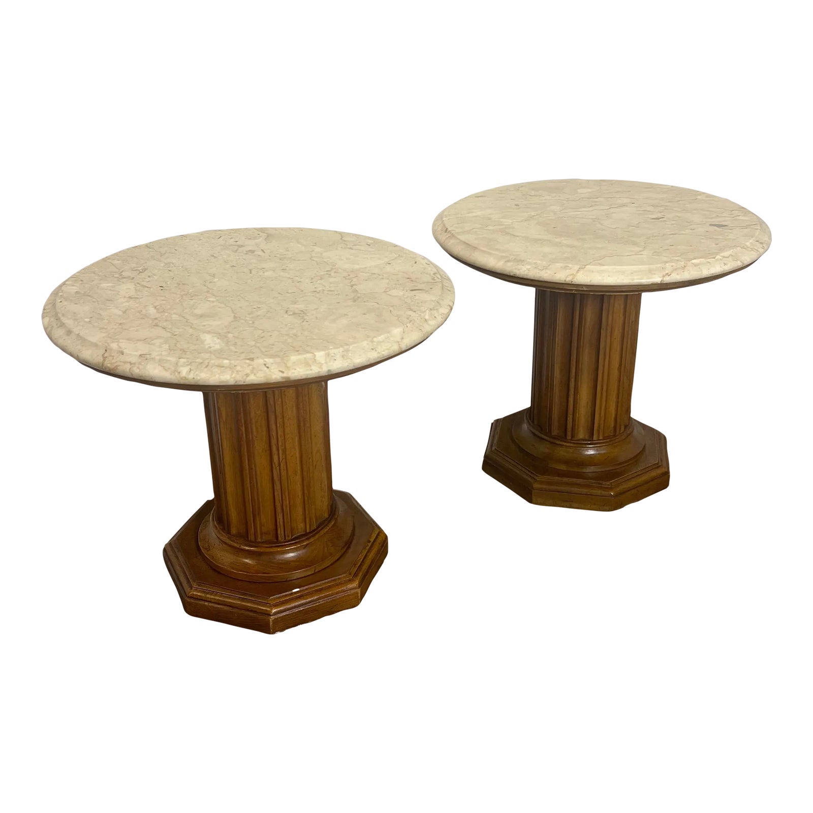MCM Mahogany & Marble Low Fluted Column Drink/Side Tables | Chairish