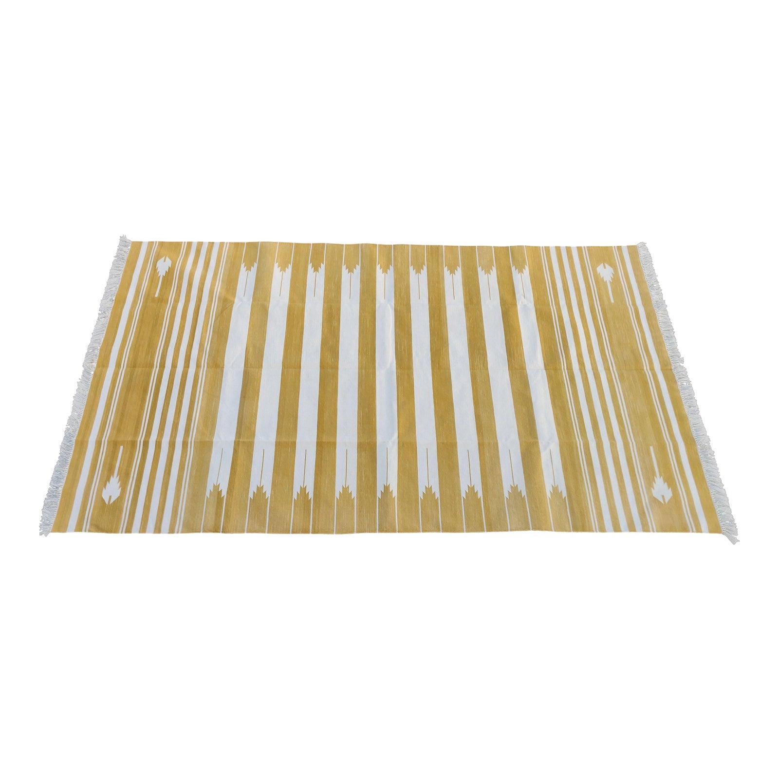 Handmade Cotton Rug, Yellow And White Striped and Cream Fringe - 6'x9 ...