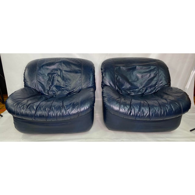 Pair Mid Century Blue Leather Matching Pod Style Chairs | Chairish