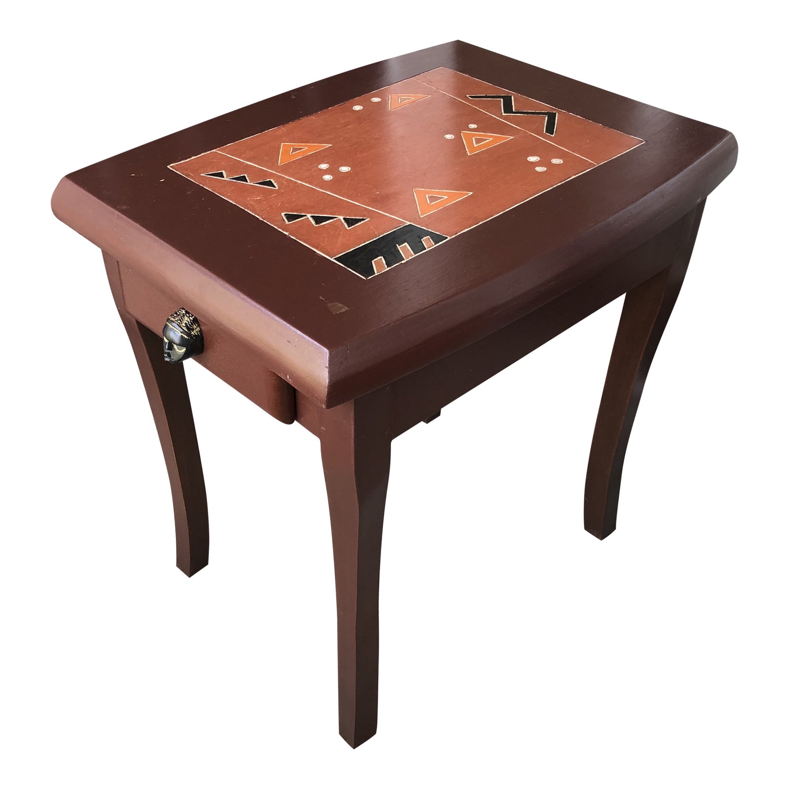 1990s African Mud-Cloth Top Side Table With Masked Pull Drawer | Chairish