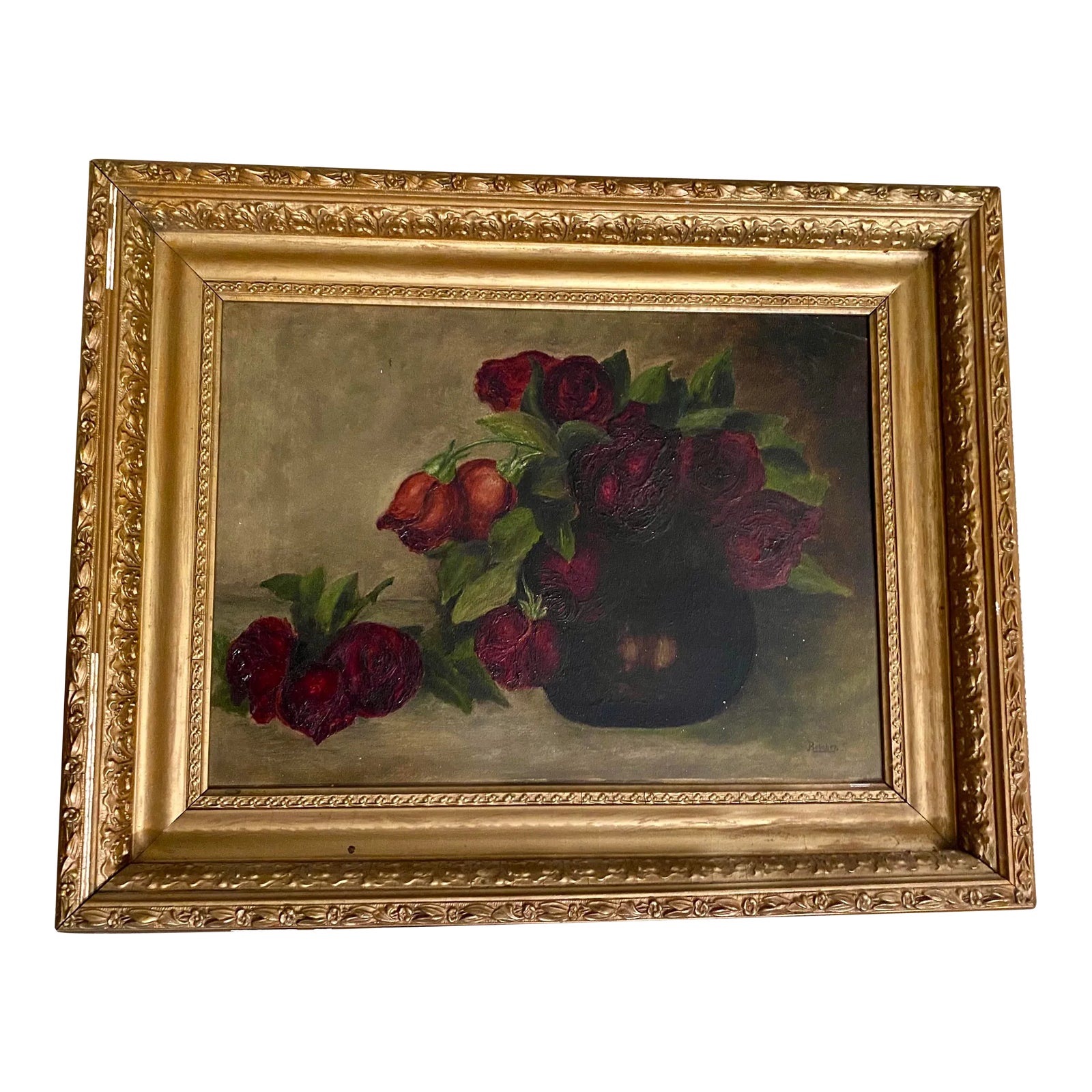 Original Vintage Roses Oil Painting on Canvas, Framed | Chairish