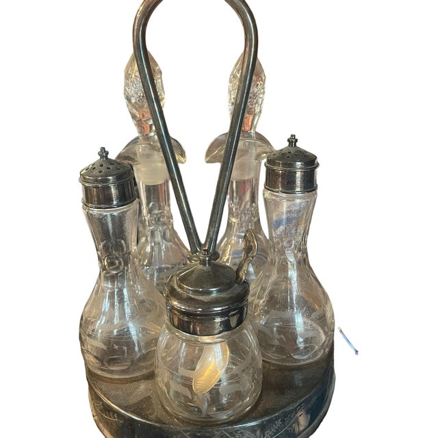 Antique Meriden B Company 5 Piece Condiment Set, Etched Glass, Spoon ...