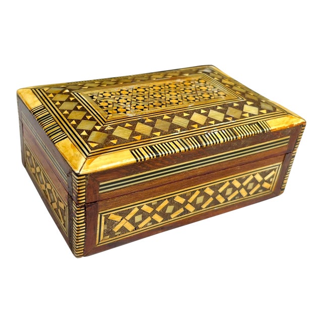 Inlaid Olive Wood Hinge-Top Box | Chairish