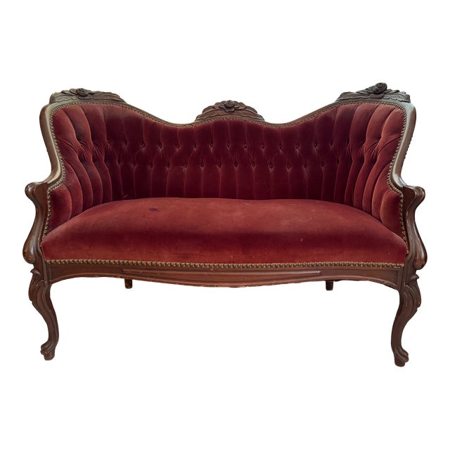 1940s Victorian Carved Mahogany Red Wine Velvet Parlor Settee | Chairish