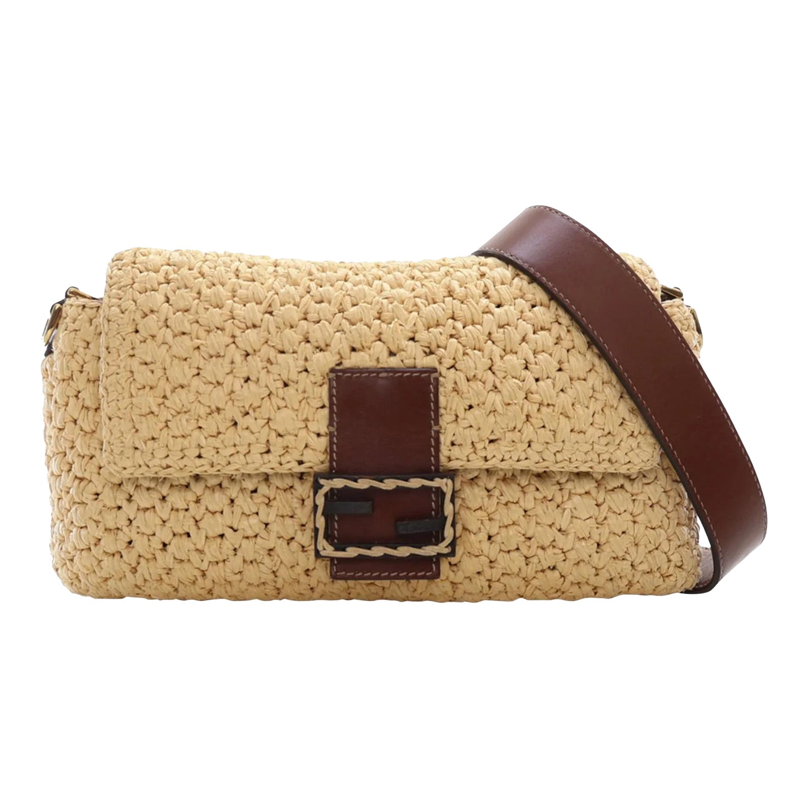 Fendi Crochet Raffia Baguette Satchel | Chairish