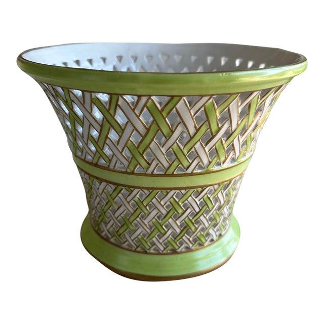 Italian Green and White Palm Beach Style Ceramic Cache Pot Planter ...