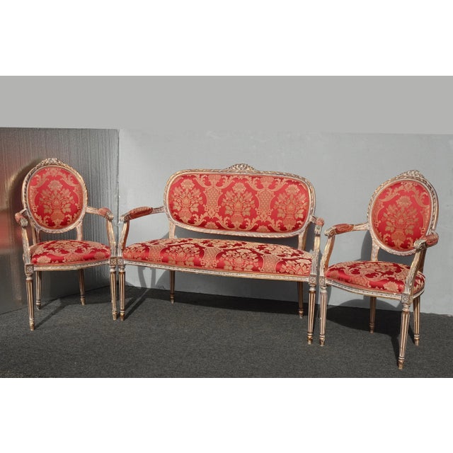 Vintage French Louis XVI Red & Silver Settee and Pair Chairs ~ Set of ...