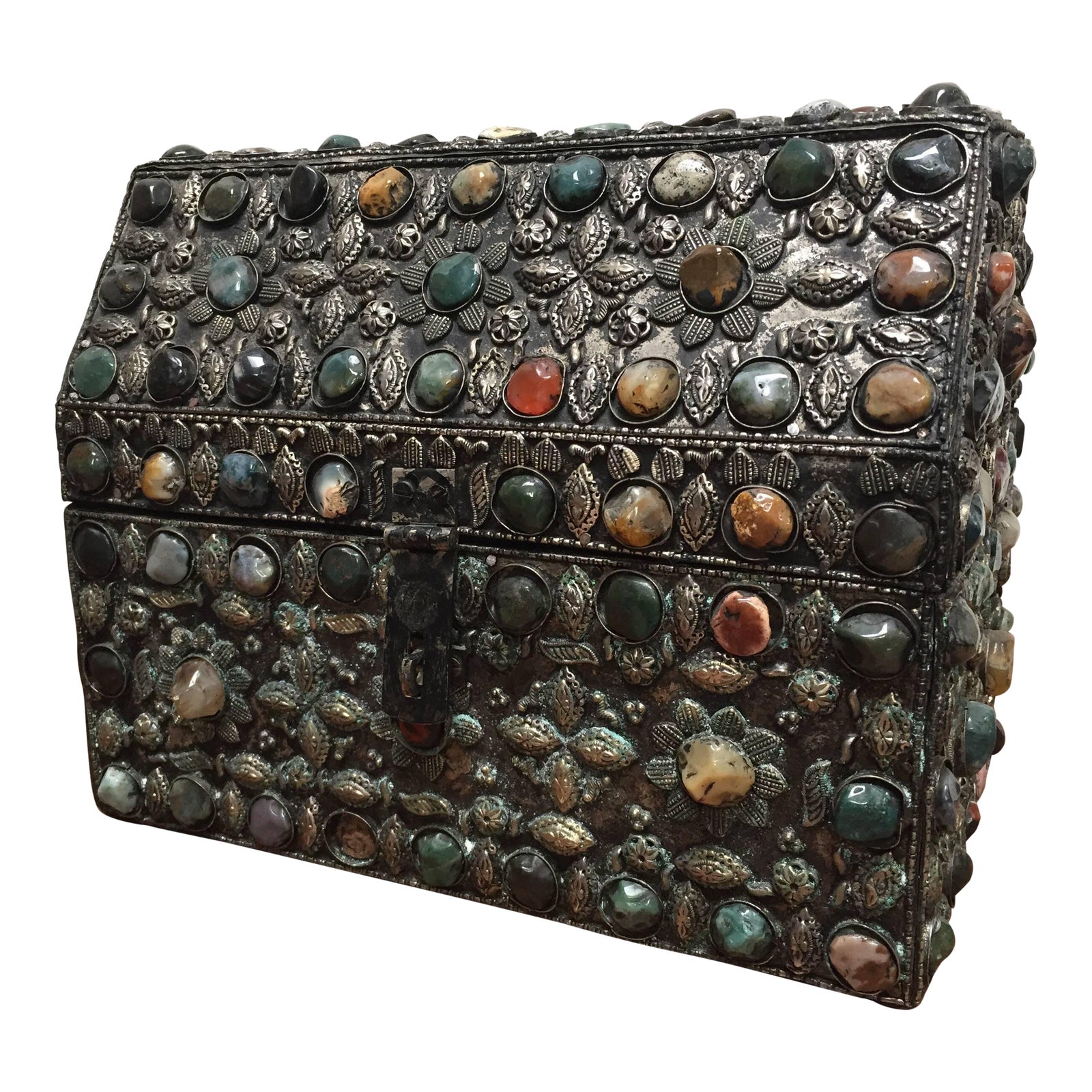 Moroccan Wedding Silvered Jewelry Box Inlaid With Semi-Precious Stones ...