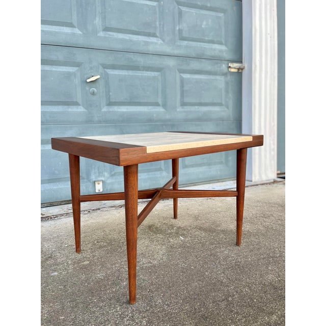 Italian Style Walnut and Travertine Stone Inset Side Table With Crossed ...