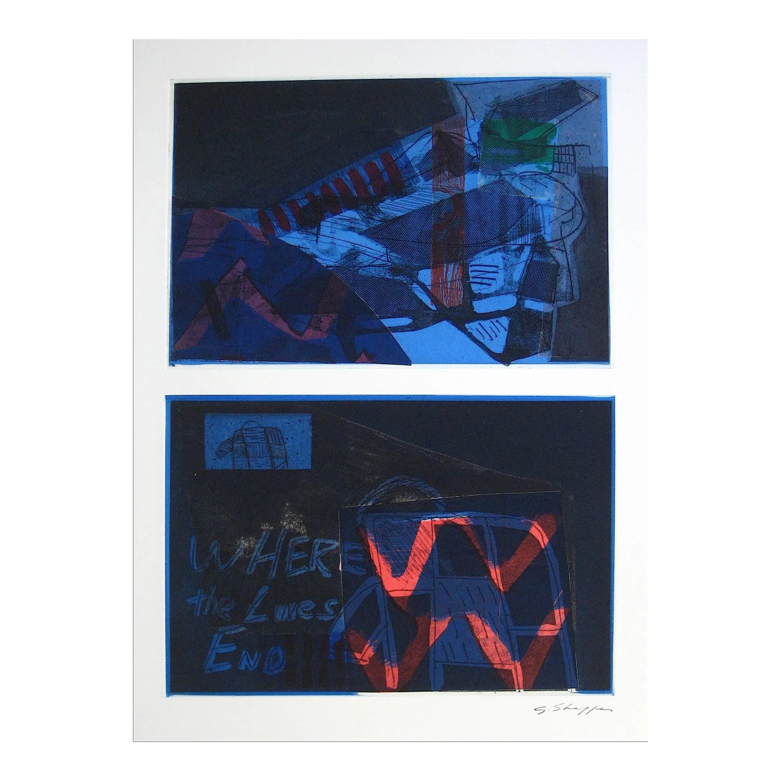 Gary Lee Shaffer Expressionist Mixed Media Print in Blue, 1994 | Chairish