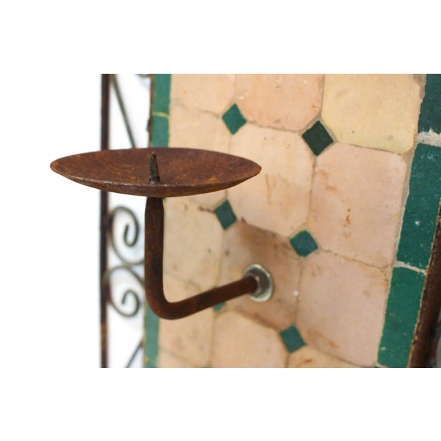 Terracotta Tile Wall Sconce With Candle Cup Green Accents | Chairish