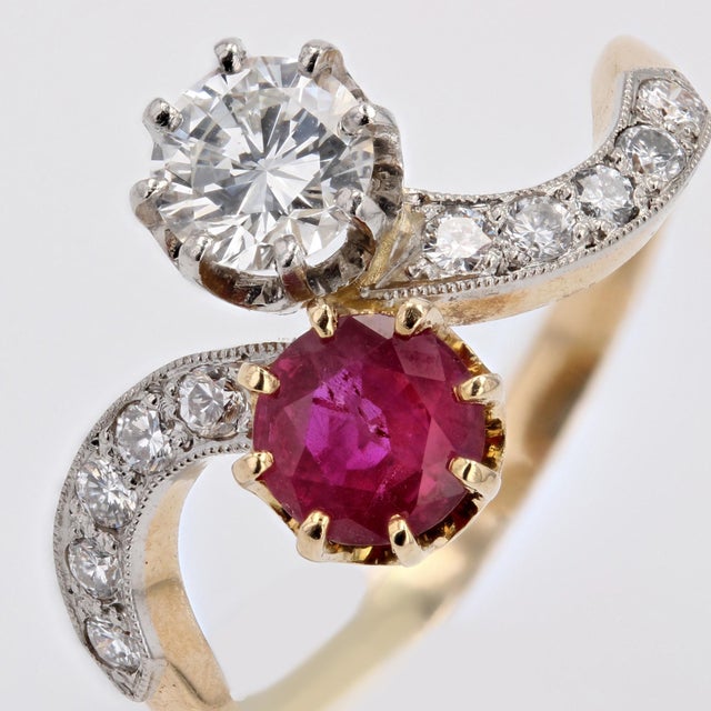 1960S Ruby And Diamonds 18 Karat Yellow Gold You And Me Ring Size 9.75 | Chairish