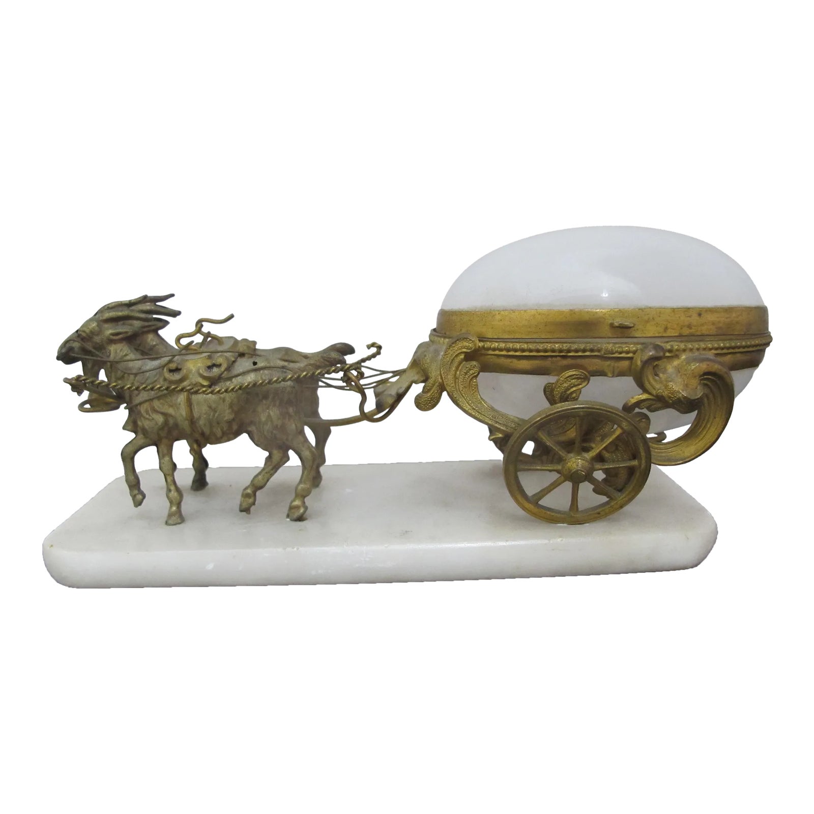 Antique French Gilt Metal Opaline Glass Egg Goat Goat Cart Trinket Box ...