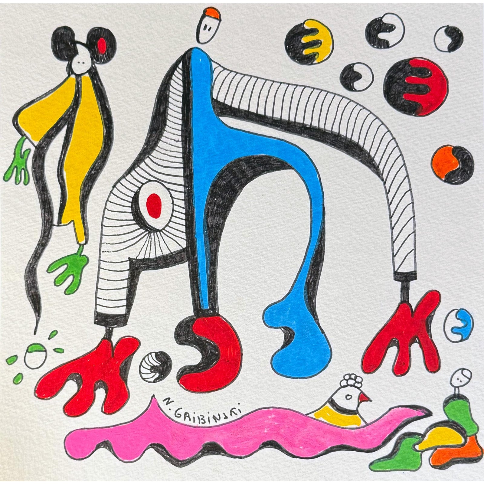 Conversation in Scarlet — Small Abstract Figurative Drawing (8 X 8 In ...