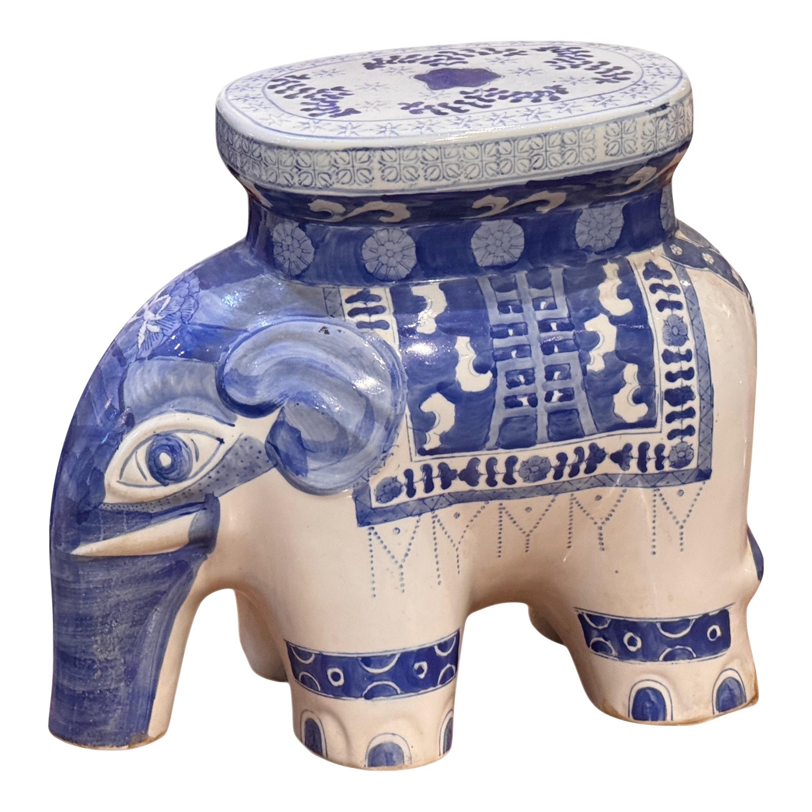 1980s Blue and White Elephant Stool | Chairish
